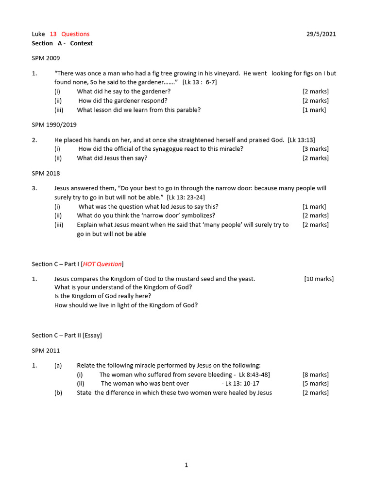 Bible Quiz - Luke - Chapter 13 | PDF