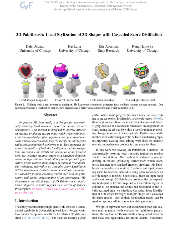 Decatur 3D Paintbrush Local Stylization of 3D Shapes With Cascaded Score CVPR 2024 Paper | PDF ...