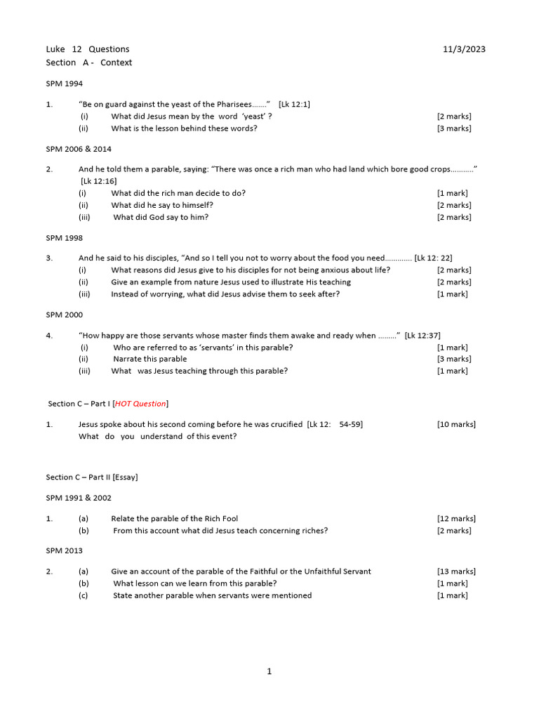 Bible Quiz - Luke - Chapter 12 | PDF | Jesus | Parable