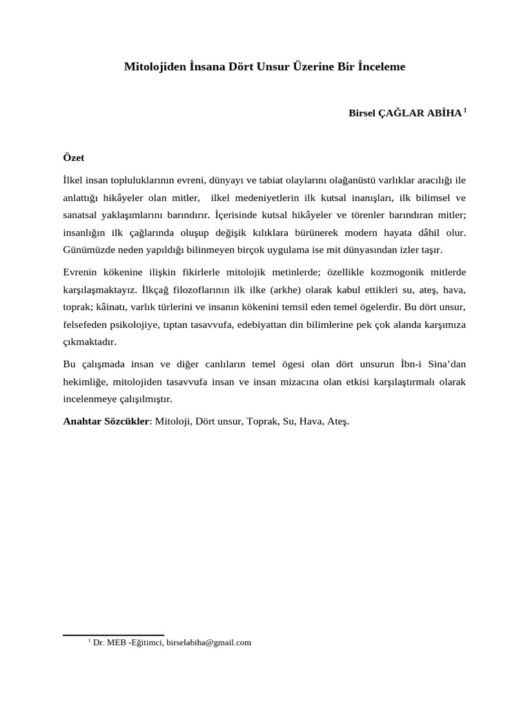 Mitolojiden Nsana D RT Unsur Zerine Bir Nceleme (#693040) - 979376 | PDF