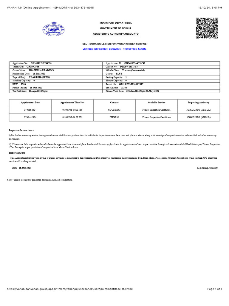 VAHAN 4.0 (Online Appointment) SP-MORTH-WS03 175 8015 | PDF | Vehicles ...
