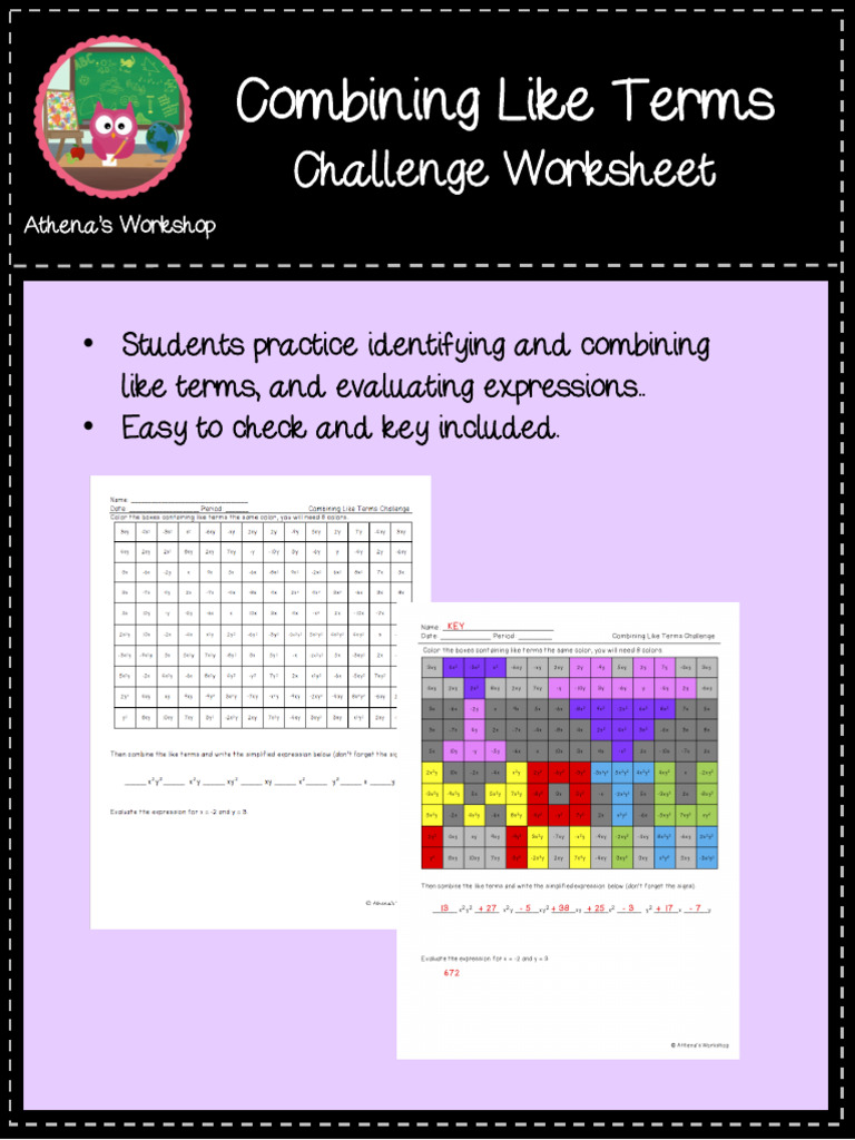 Combining Like Terms: Challenge Worksheet | PDF | Computing
