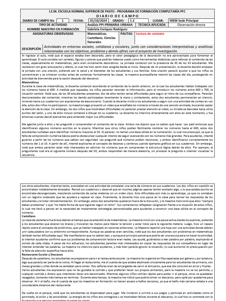 Formato Diario de Campo 01-10-2024 | PDF | Aprendizaje | Maestros Formato Diario de Campo 01-10-2024 | PDF | Aprendizaje | Maestros