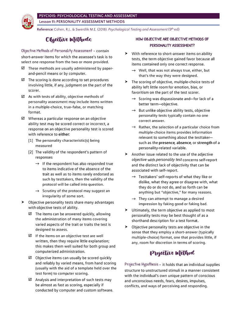 Personality Assessment Methods | PDF | Psychology | Psychological Concepts