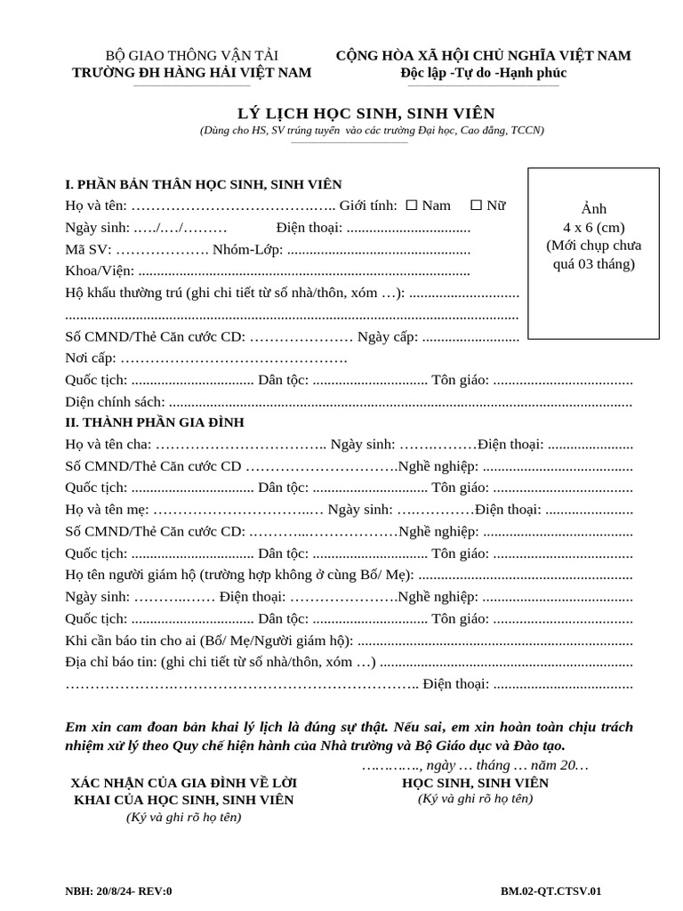 BM.02.QT - CTSV.01 - Ly Lich Sinh Vien | PDF