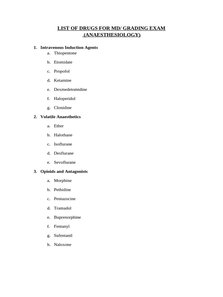 Essential Drugs for Anesthesiology Exam | PDF | Drugs | Drugs Acting On ...