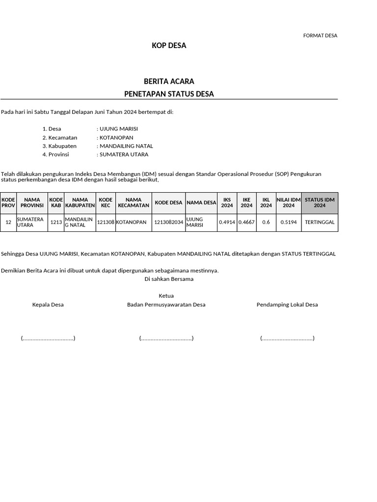 Status Tertinggal Desa Ujung Marisi 2024 | PDF
