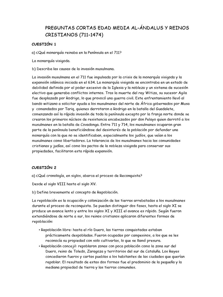 Preguntas Cortas Historia Bloque 2 | PDF | Al Andalus | Edades medias