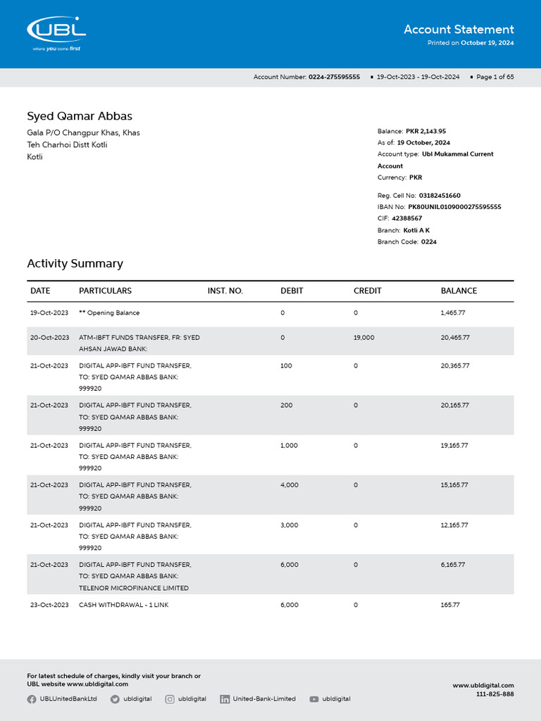 UBL Current Account Statement 2023-2024 | PDF | Banks | Debit Card