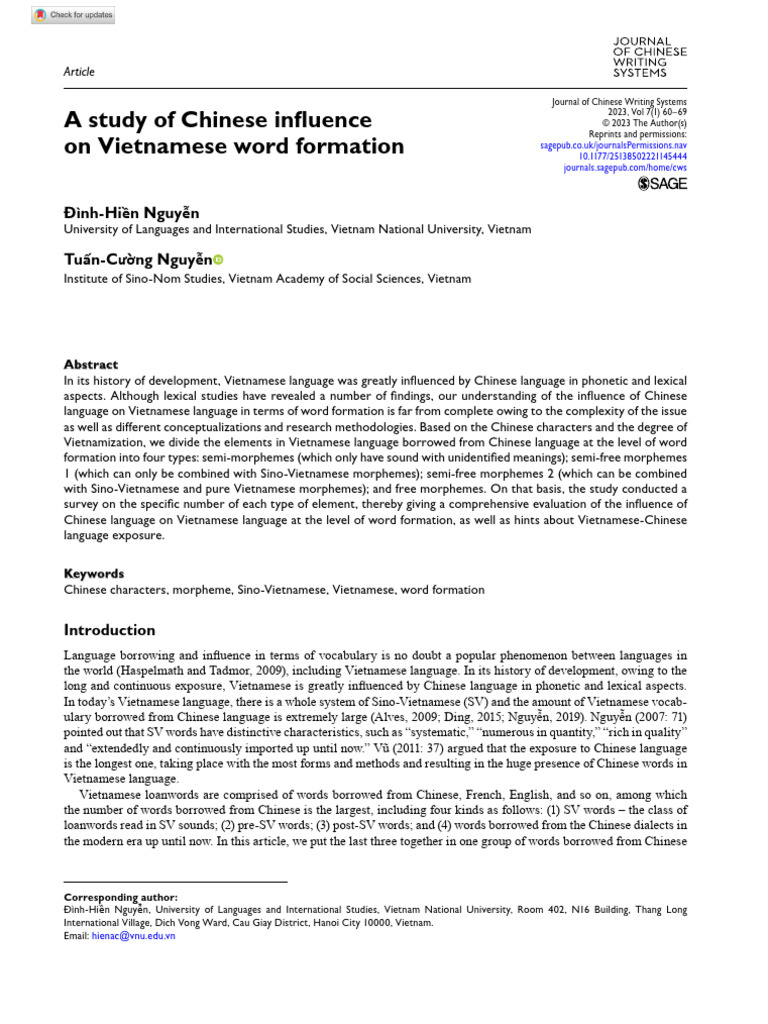 Chinese Influence on Vietnamese Word Formation | PDF | Chinese Language ...