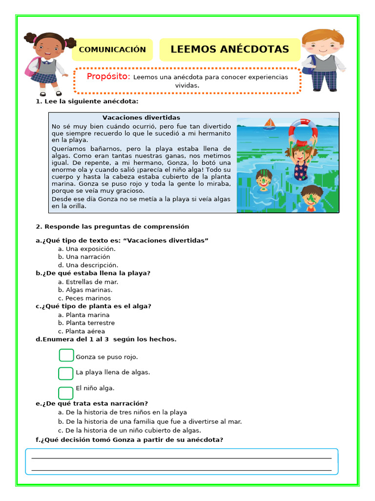 FICHA-LUN-COMUN-LEEMOS ANÉCDOTAS | PDF | Algas | Plantas