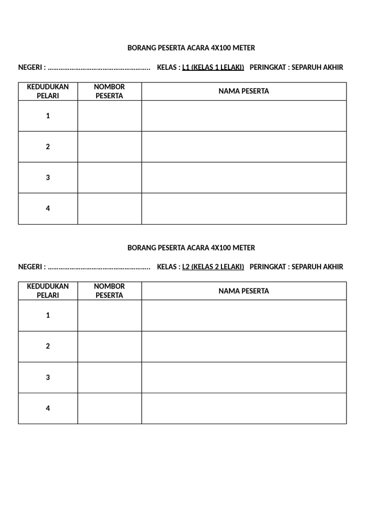 Borang Peserta Acara 4X100 Meter | PDF