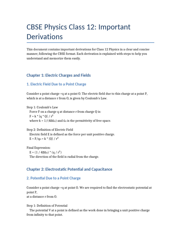CBSE Physics Class12 Derivations | PDF | Science & Mathematics