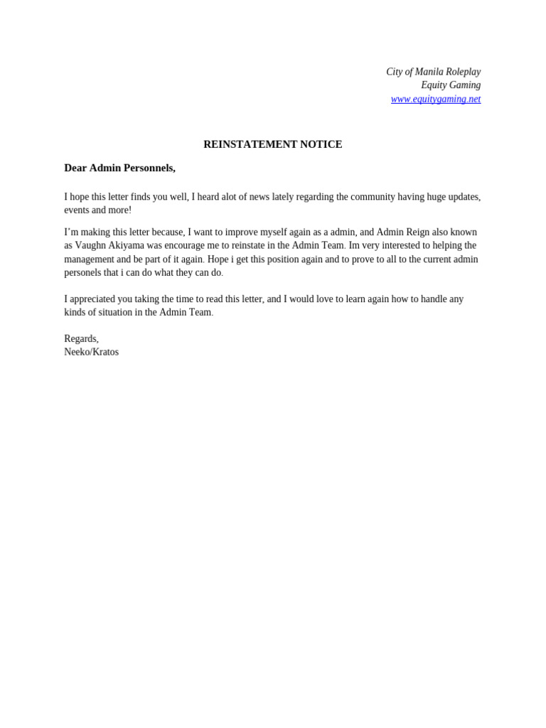 Kratos - Neeko Reinstatement Letter | PDF