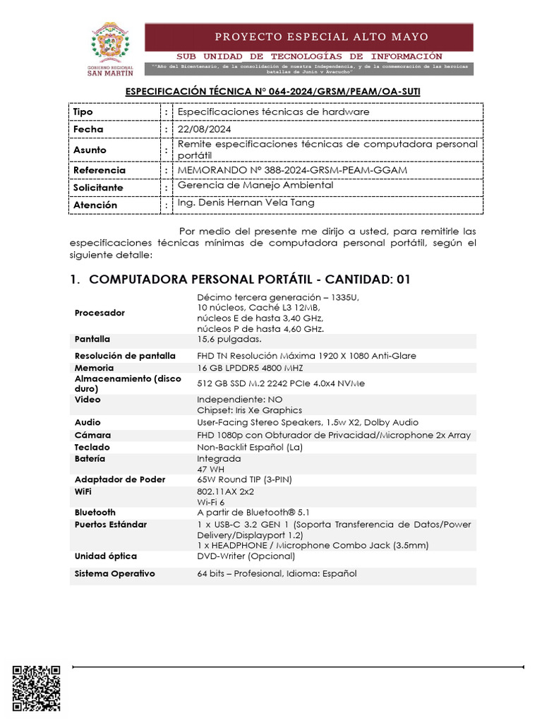 Inf Tec Especificación Técnica 064-2024 (004-2024868507) | PDF | Informática | Hardware de la ...