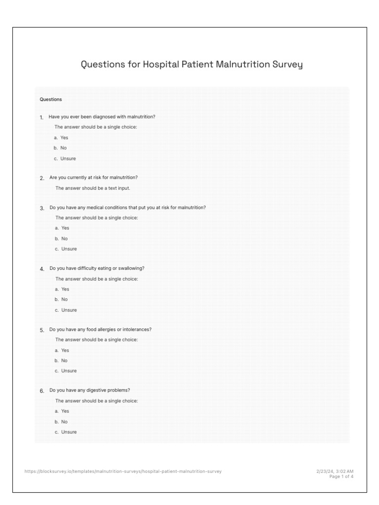 Hospital Malnutrition Survey Questions | PDF | Weight Loss | Health ...