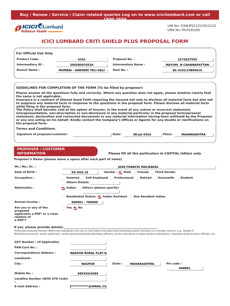 Icici Lombard Criti Shield Plus Proposal Form: For Official Use Only ...