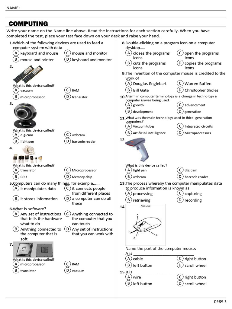 Computer Basics Quiz Questions | PDF | Input/Output | Random Access Memory