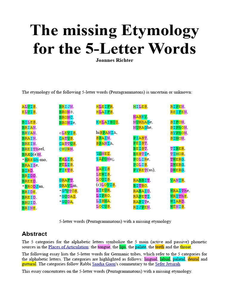 The Missing Etymology For The 5-Letter Words | PDF | Grammatical Gender ...