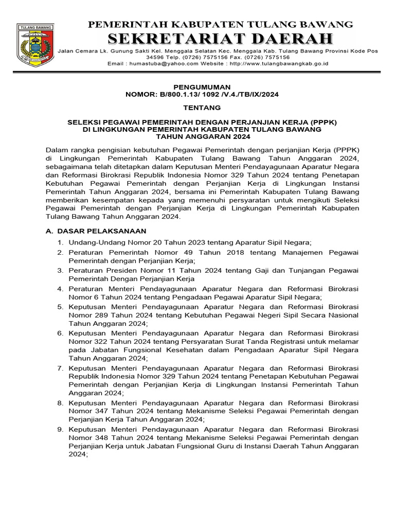 Pengumuman Seleksi PPPK Tahun 2024 | PDF