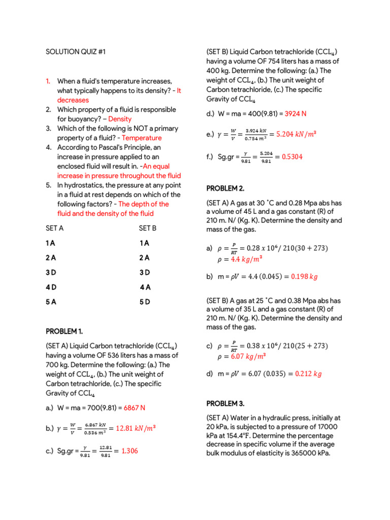 SOLUTION-QUIZ-1 | PDF | Density | Pressure
