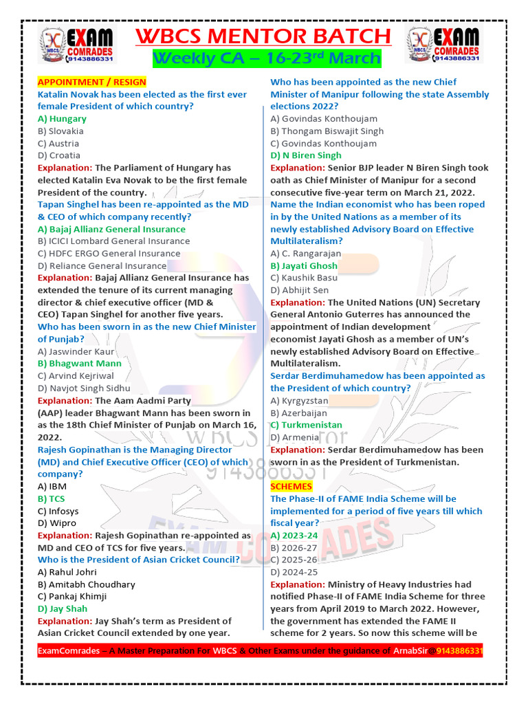 3) Current Affairs Q - A - 16th - 23rd March 2022 | PDF