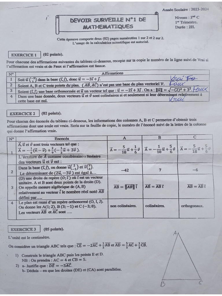 Devoir N°1 de Maths 2nde C | PDF