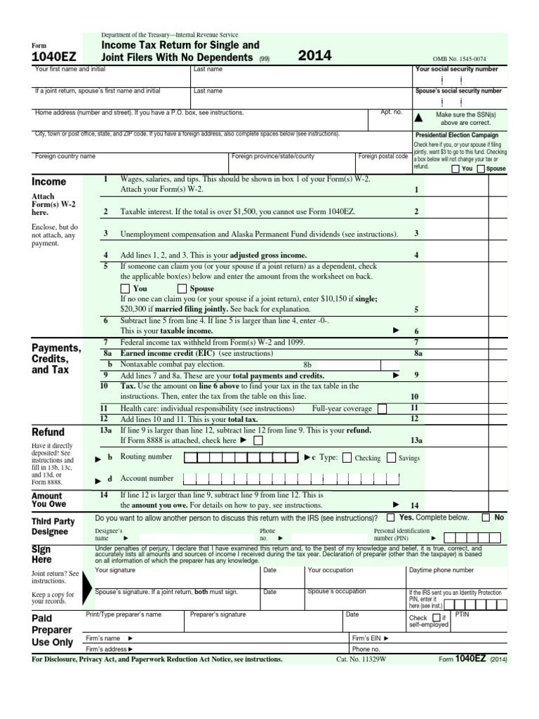1040EZ Tax Form Instructions 2014 | PDF | Irs Tax Forms | Tax Credit