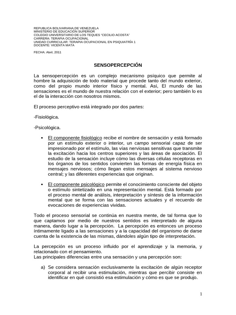 SENSOPERCEPCIÓN 16-11-09. Resumen Docente | PDF | Sentidos | Percepción