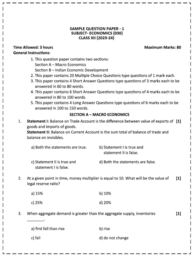Economics Class Xii Sample Paper 01 | PDF