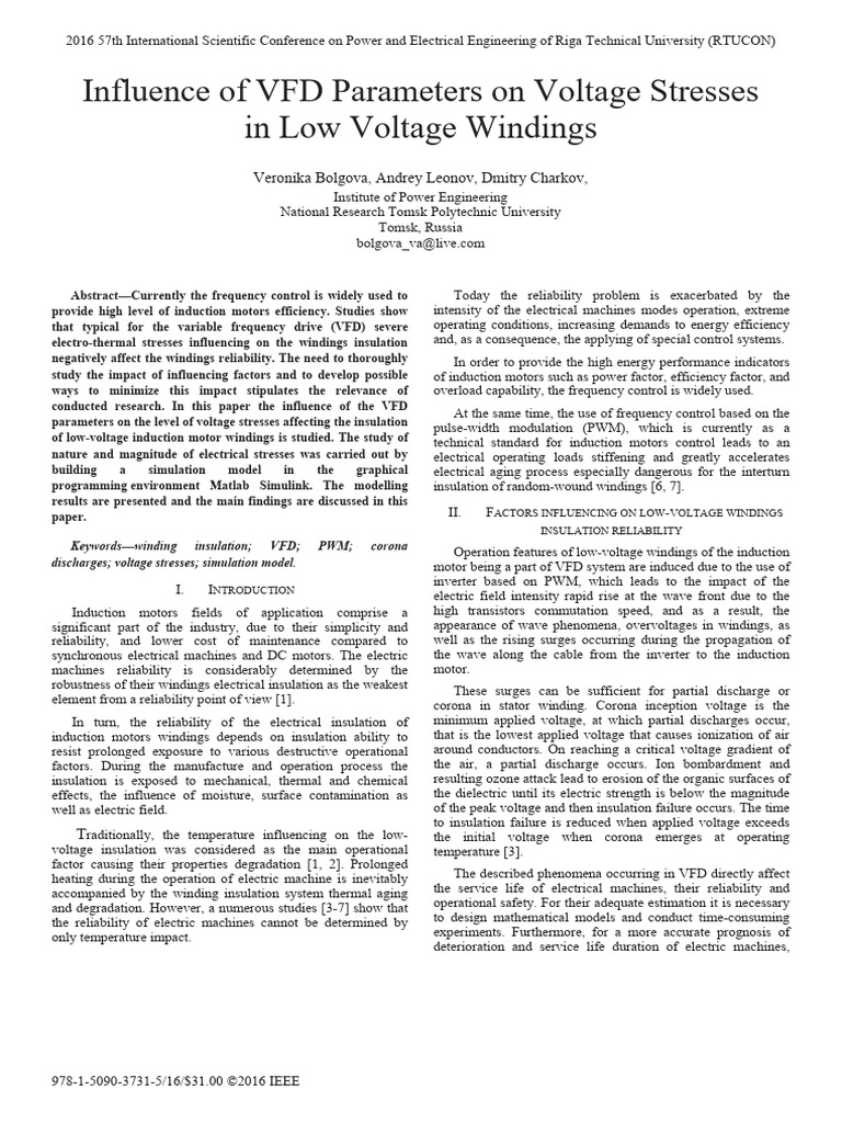 Paper - Influence of VFD Parameters On Voltage Stresses in Low Voltage Windings (2016) | PDF ...