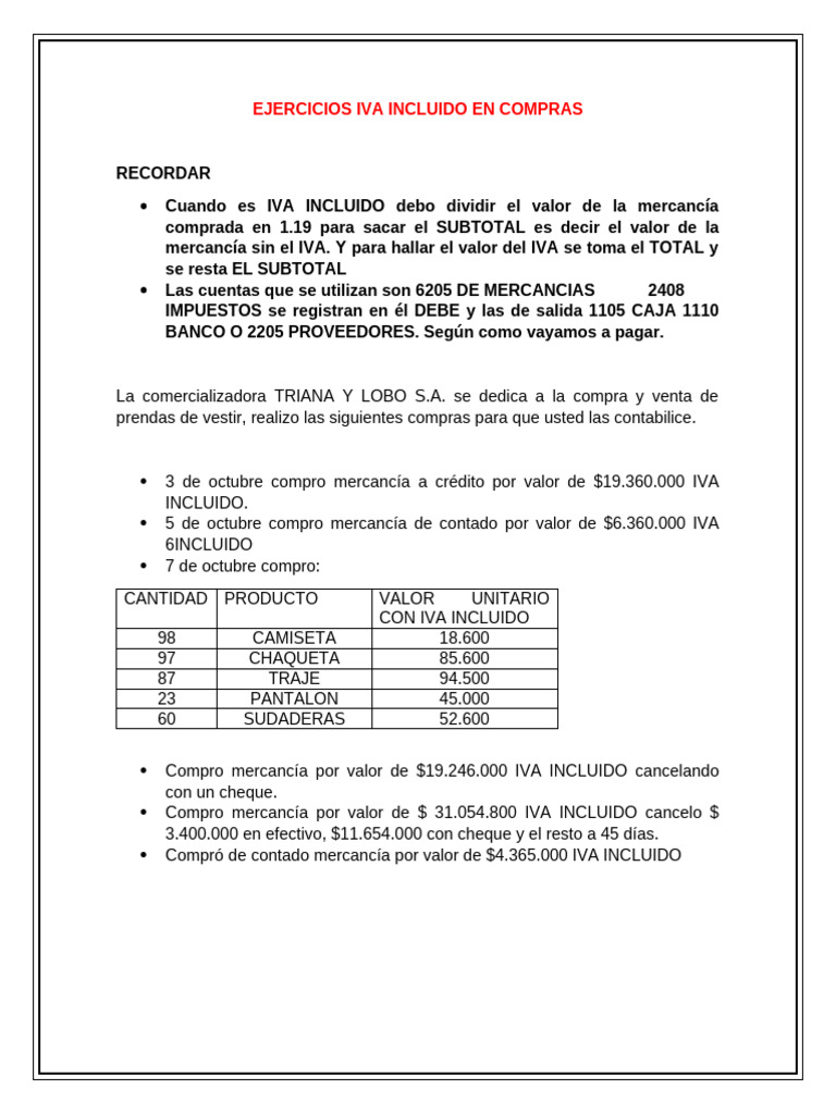 Ejercicios Iva Incluido en Compras 7a | PDF | Finanzas y dinero | Derecho