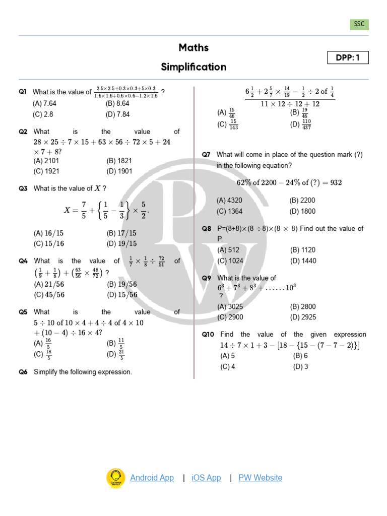Simplification - DPP 01 (English) (Maths) | PDF | Mathematics