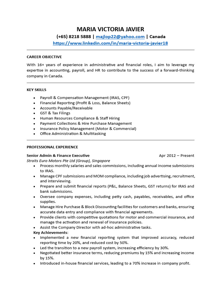 Maria Victoria CV 2024 | PDF | Payroll | Insurance