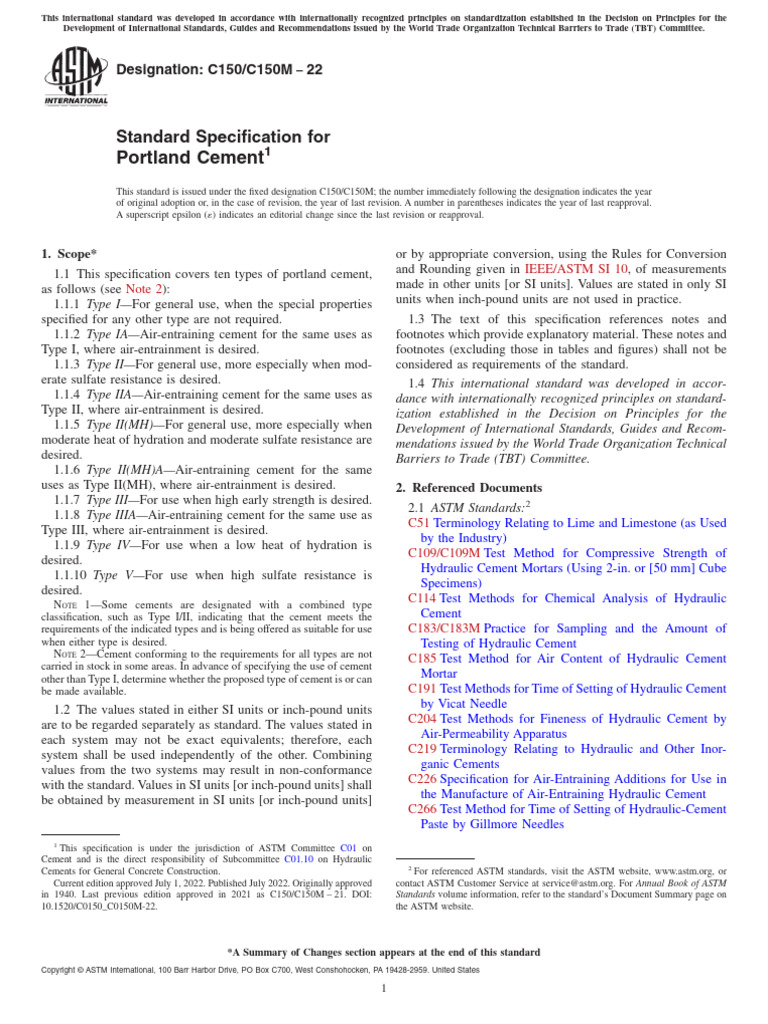ASTM C150: Portland Cement Types | PDF | Cement | Concrete