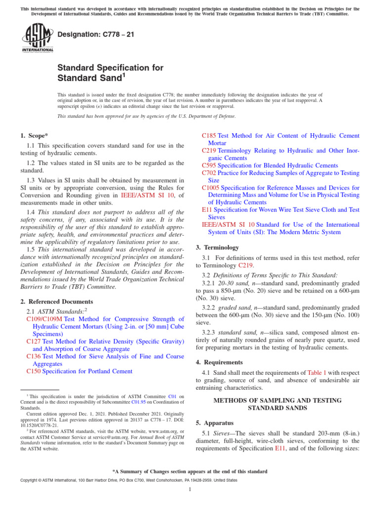 ASTM C778-21 - Standard Sand | PDF | Density | Weighing Scale