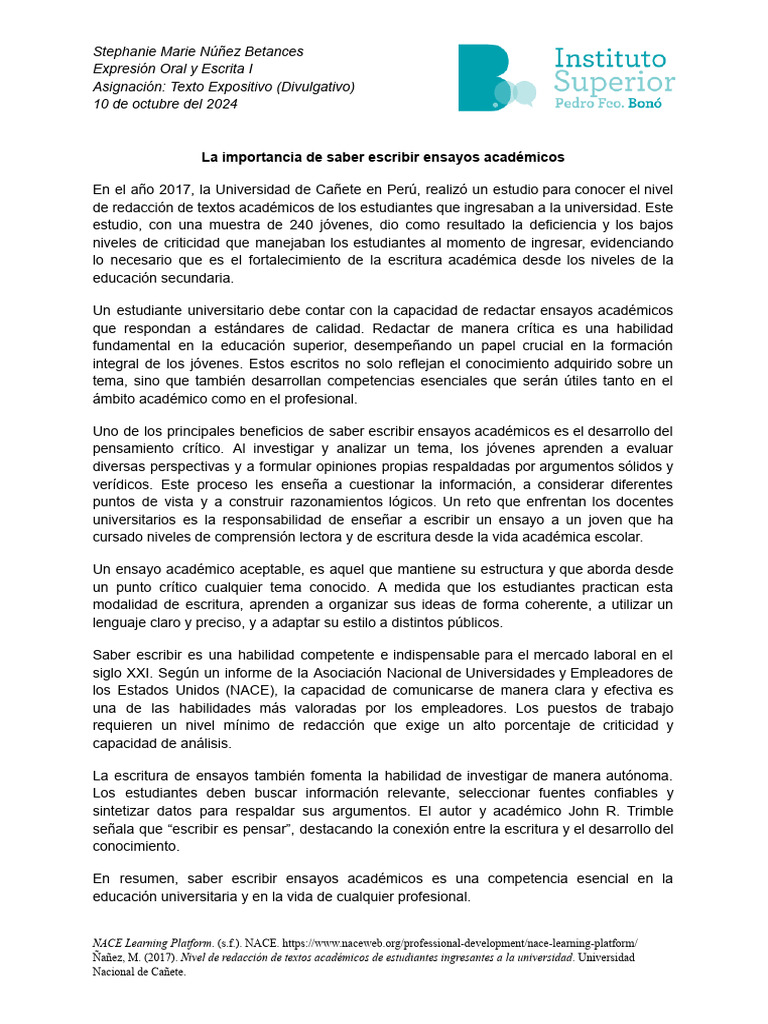 Importancia de Escribir Ensayos Académicos | PDF | Ensayos ...