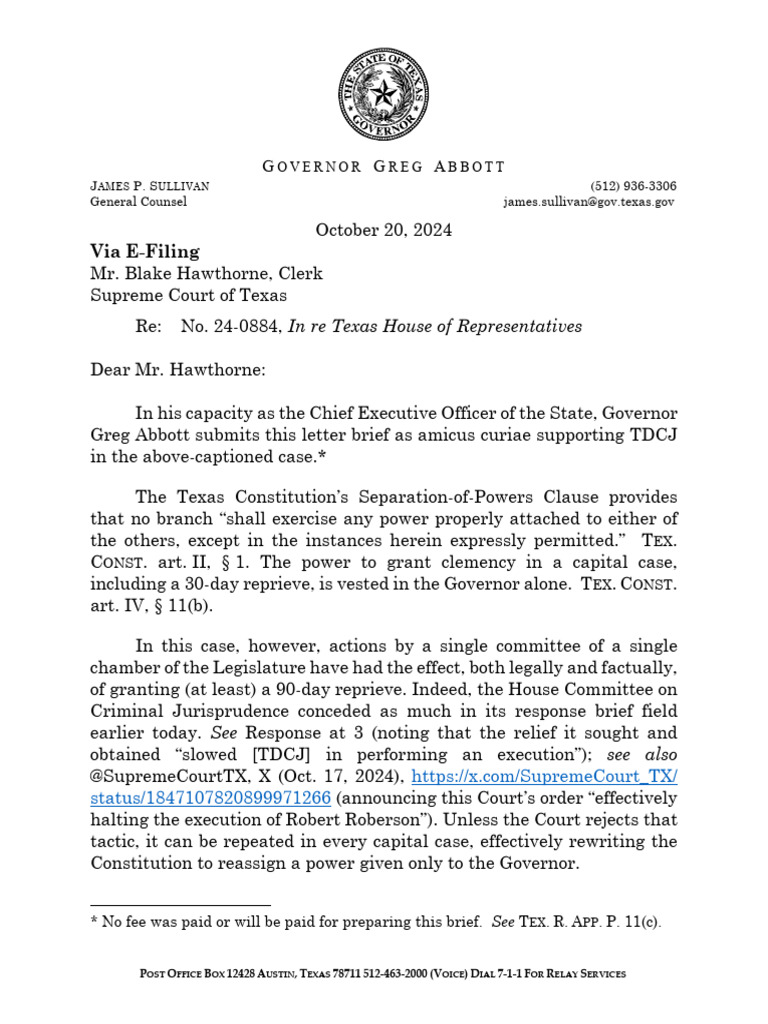 Governor Abbott Amicus Letter | PDF | Pardon | Amicus Curiae