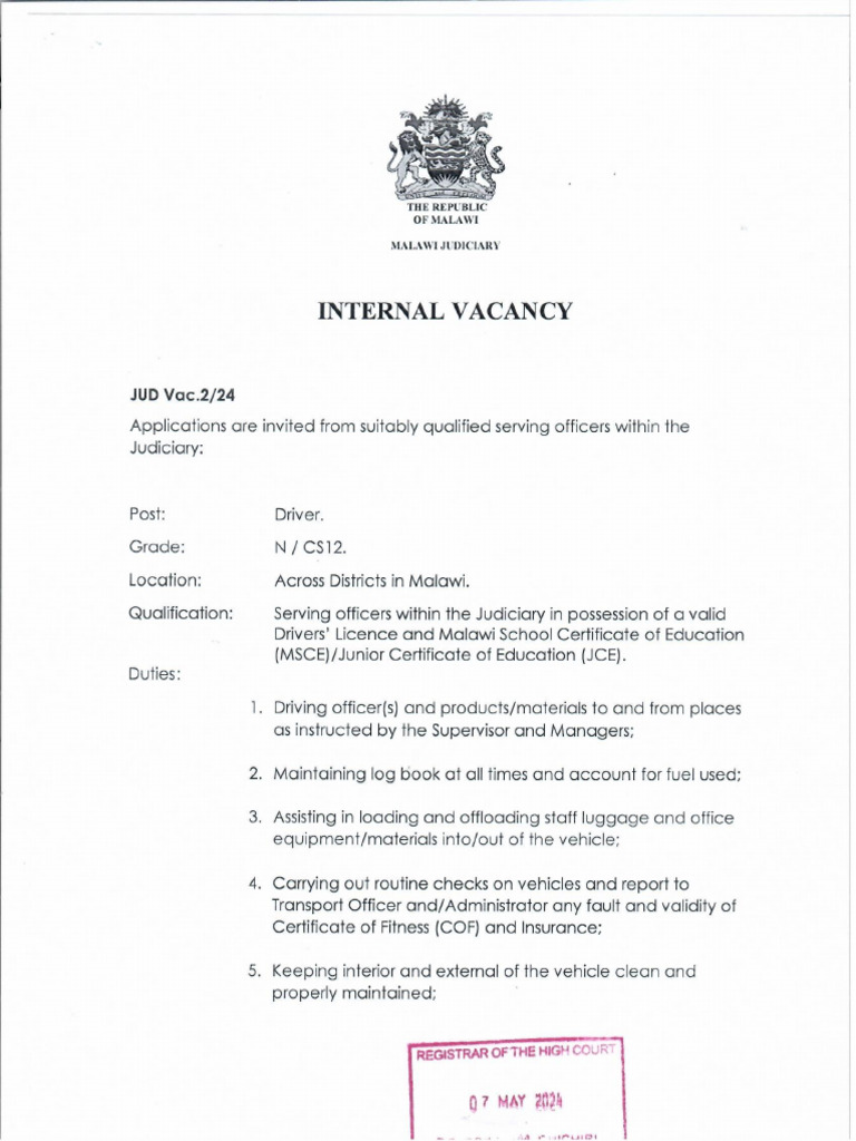 Advert For Drivers - Internal Vacancy | PDF