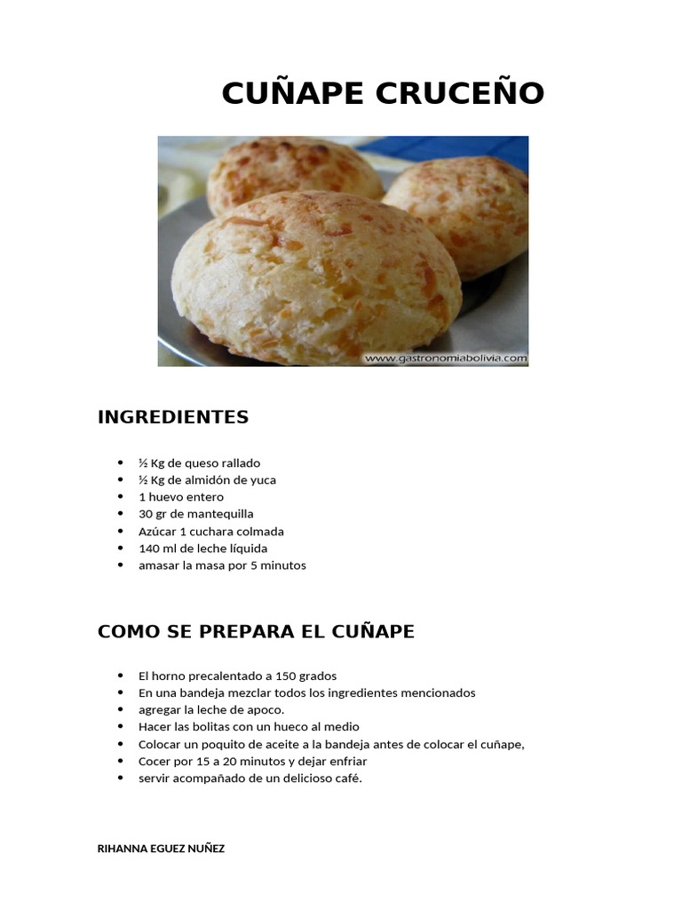 Receta de Cuñapé Cruceño | PDF | Panes | Queso