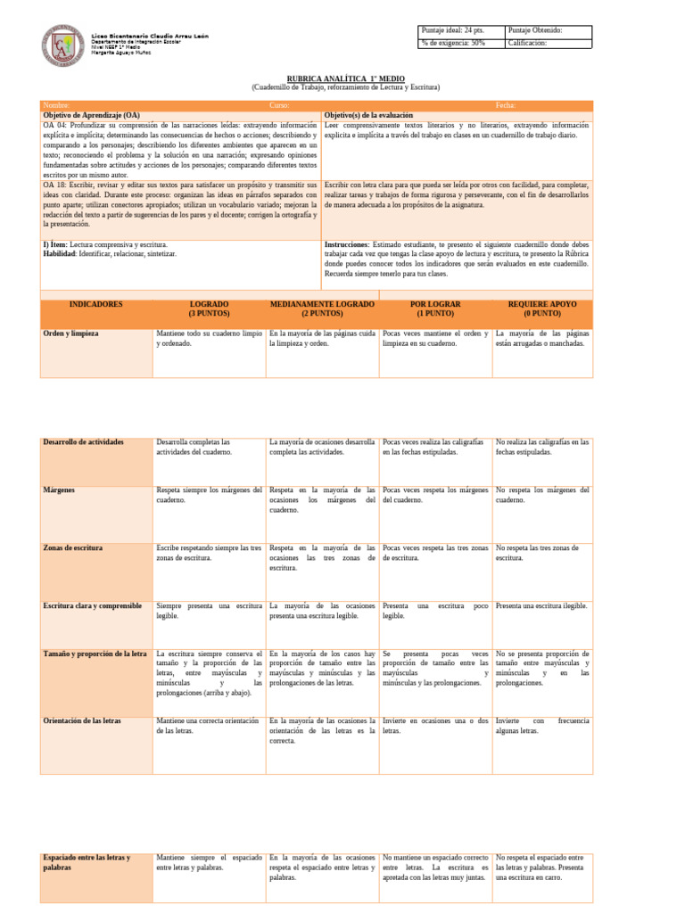 Rubrica de Evaluación Cuadernillo Escritura 1° A | PDF | Caso de carta ...