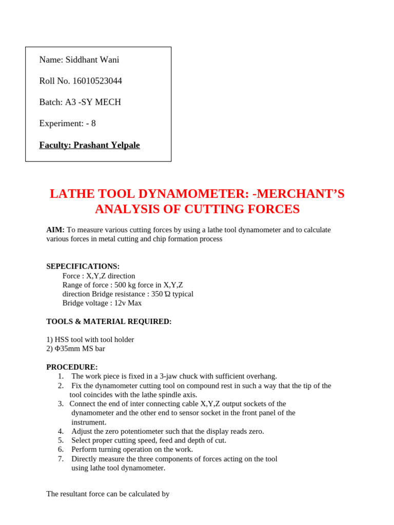 Lathe Tool Dynamometer EXP 8 | PDF