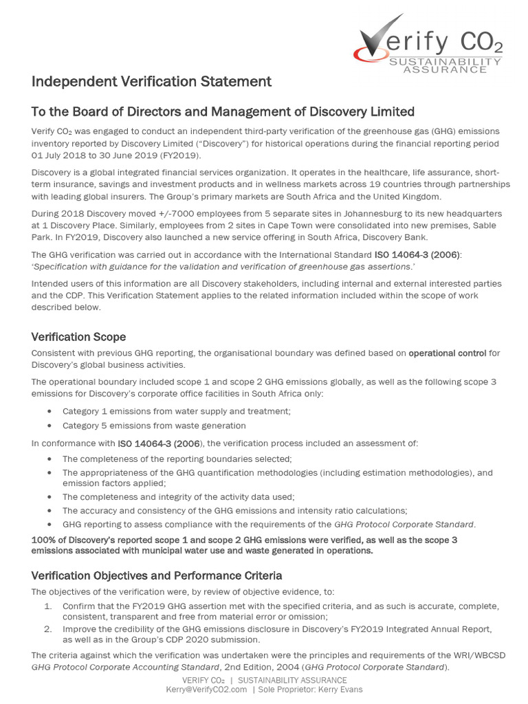 Discovery 2019 Verification Statement | PDF | Economy And The Environment