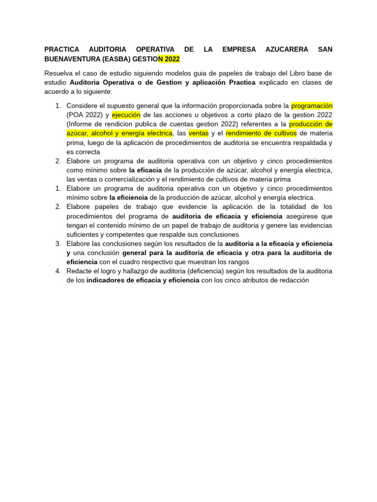 PRACTICA AUDITORIA OPERATIVA EMPRESA AZUCARERA SAN BUENAVENTURA 2022 | PDF