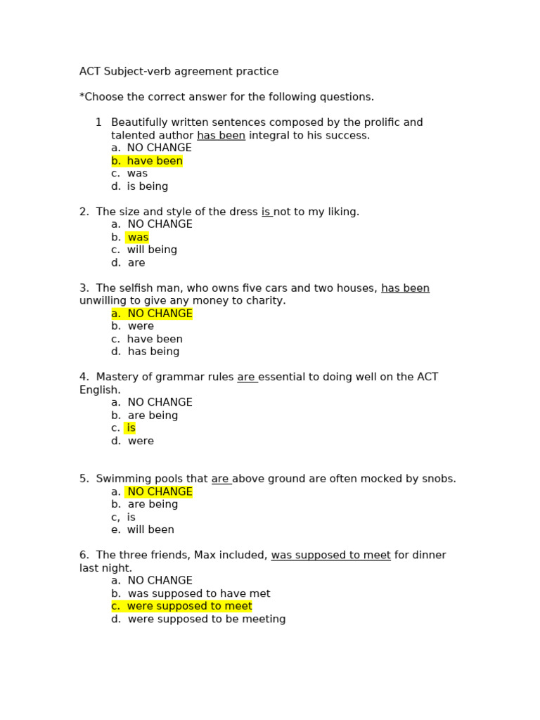 ACT Subject-Verb Agreement Practice | PDF