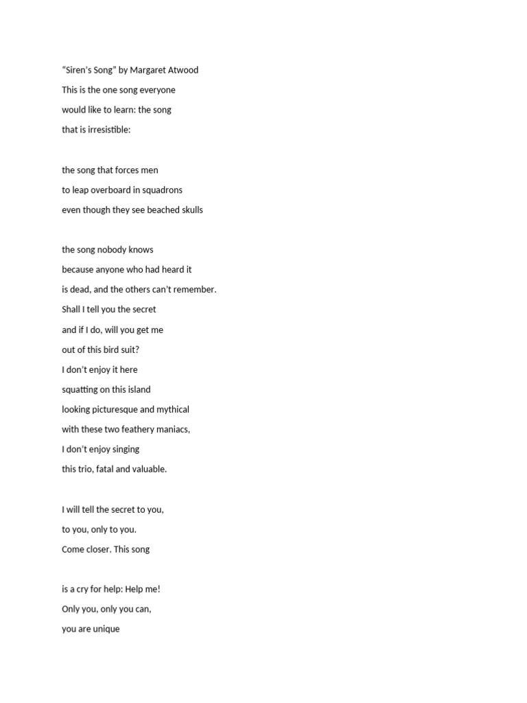 Analysis of Atwood's "Siren Song" Poem | PDF