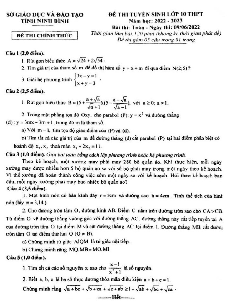De Tuyen Sinh Lop 10 THPT Mon Toan Nam 2022 2023 So GDDT Ninh Binh | PDF