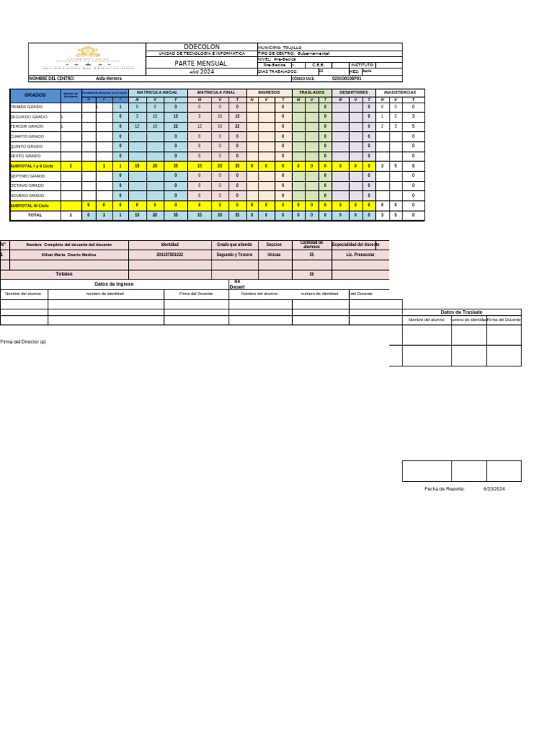 Formato Parte Mensual Aida Herrera Junio | PDF