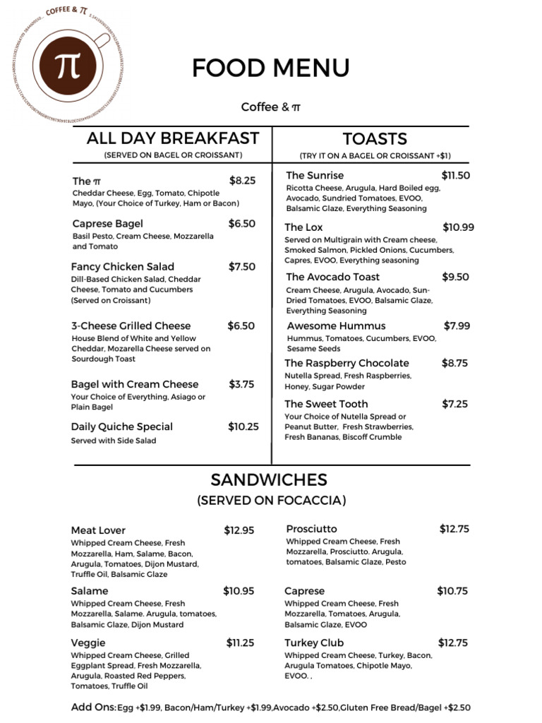 Coffee and Pi Food and Drink Menu | PDF | Tea | Mozzarella