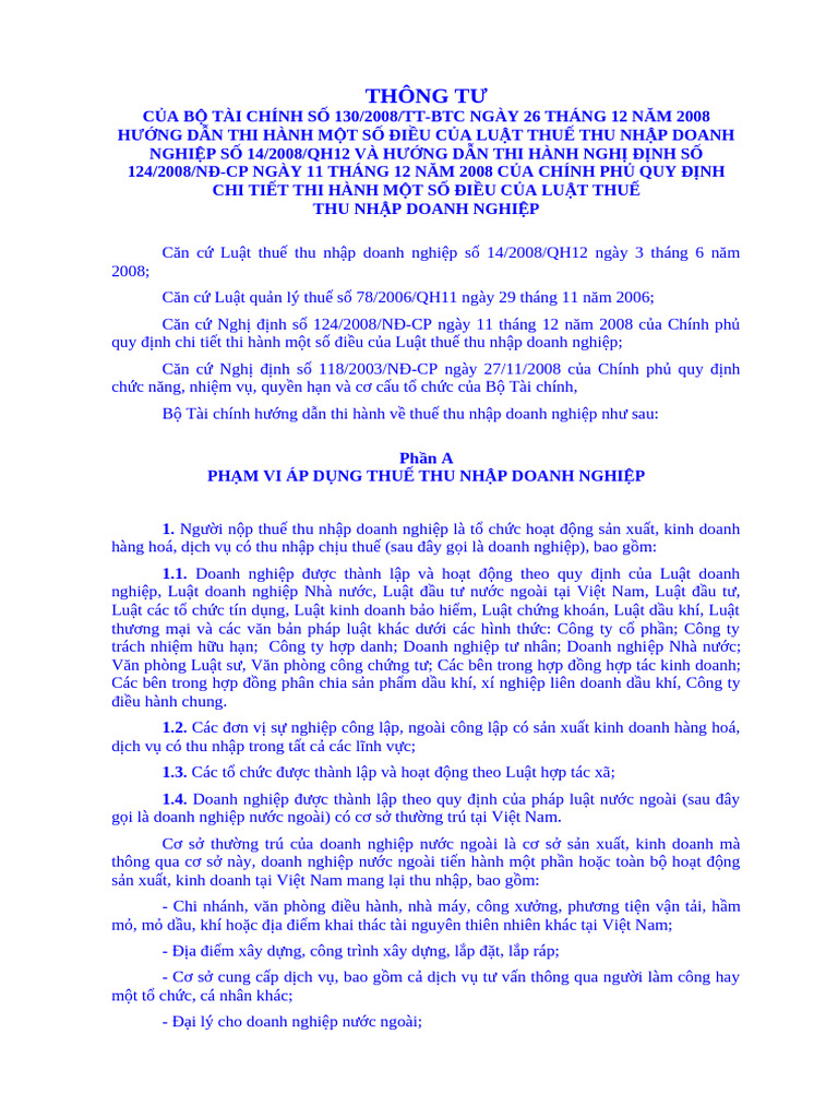 TT 130 2008 Huong Dan ND 124 Ve Luat Thue TNDN | PDF
